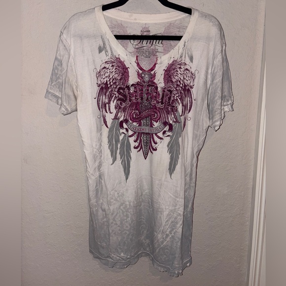 Affliction | Tops | Affliction Sinful White And Pink Tee | Poshmark
